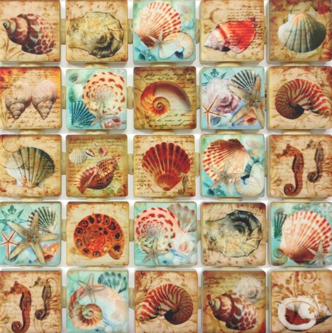 Beach Shells Seahorse Blue Tan Mosaic Tile Pieces - Ceramic Mosaic ...