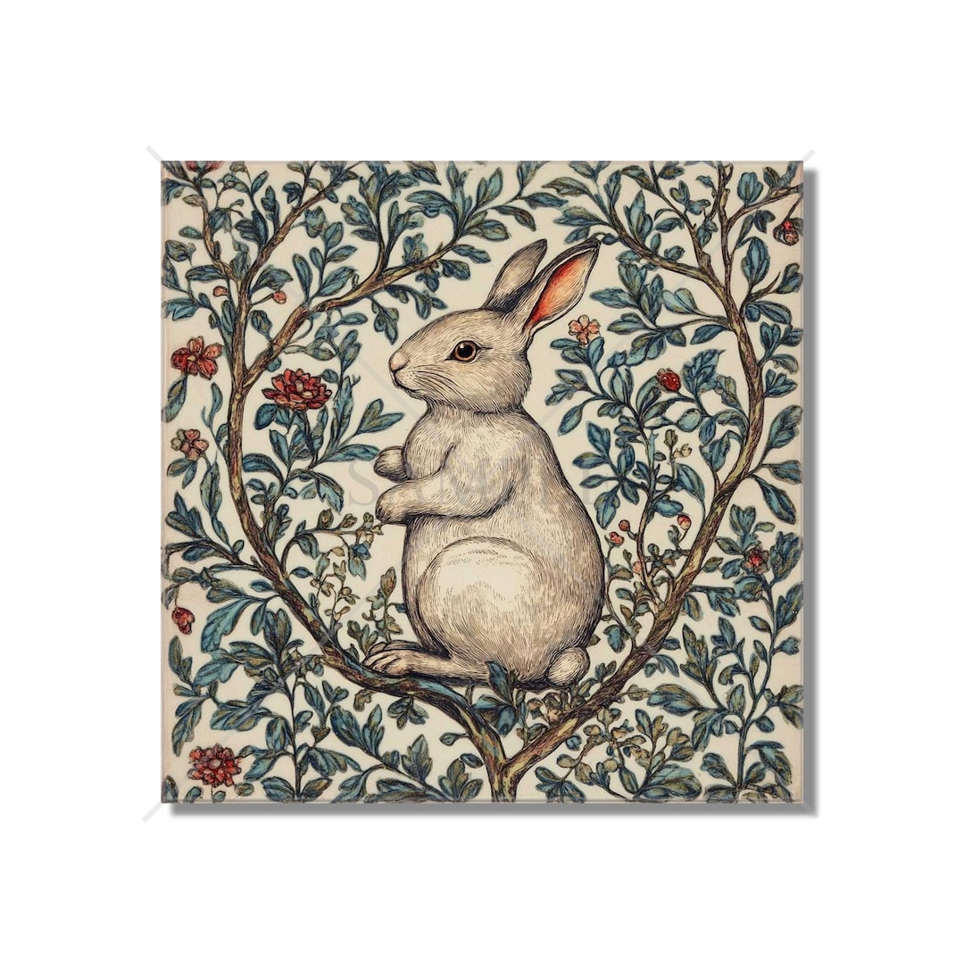 Bunny Rabbit Ceramic Tile William Morris Vintage Design Rabbit Ceramic ...