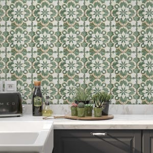 Green Patterned Ceramic Tile - Vintage Moroccan Design Green Kitchen ...