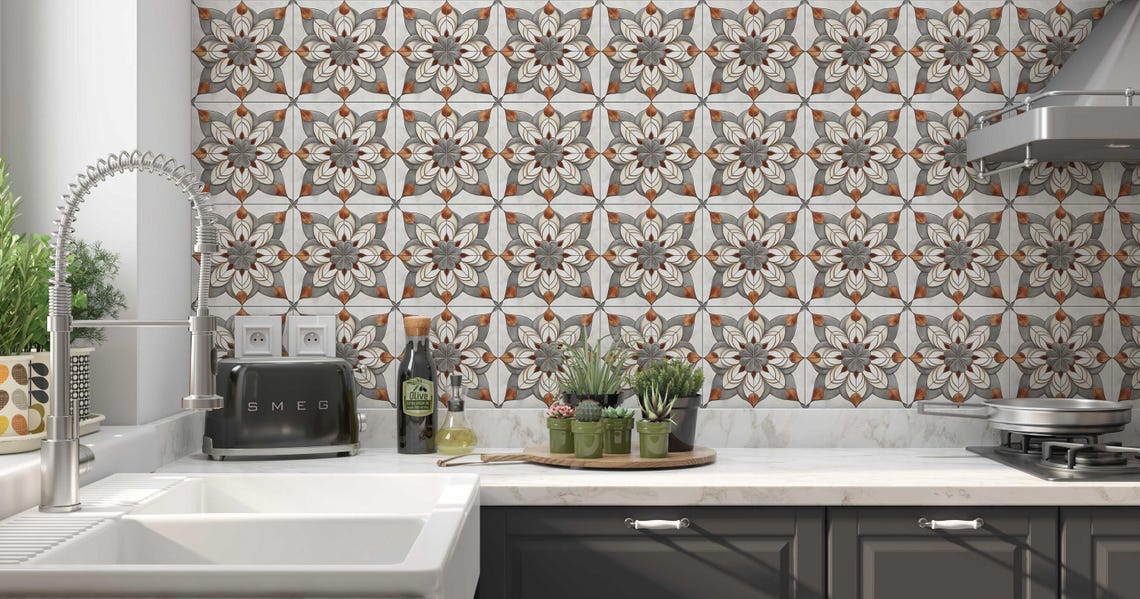 Gray and Copper Vintage Moroccan Design Patterned Ceramic Tiles ...