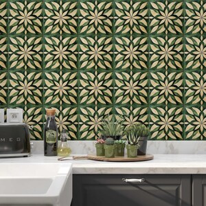 Dark Green Beige Patterned Ceramic Tile - Green Kitchen Backsplash Tile ...