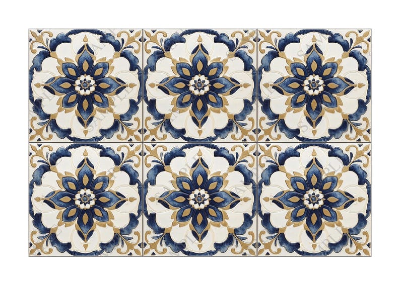 Blue and Gold Ceramic Tile - Blue Kitchen Tile Patterned Backsplash ...