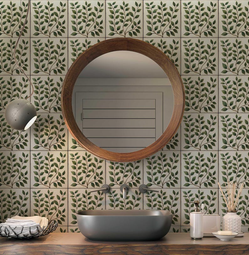 Green Leaves Botanical Ceramic Tile Patterned Kitchen Backsplash Tile ...