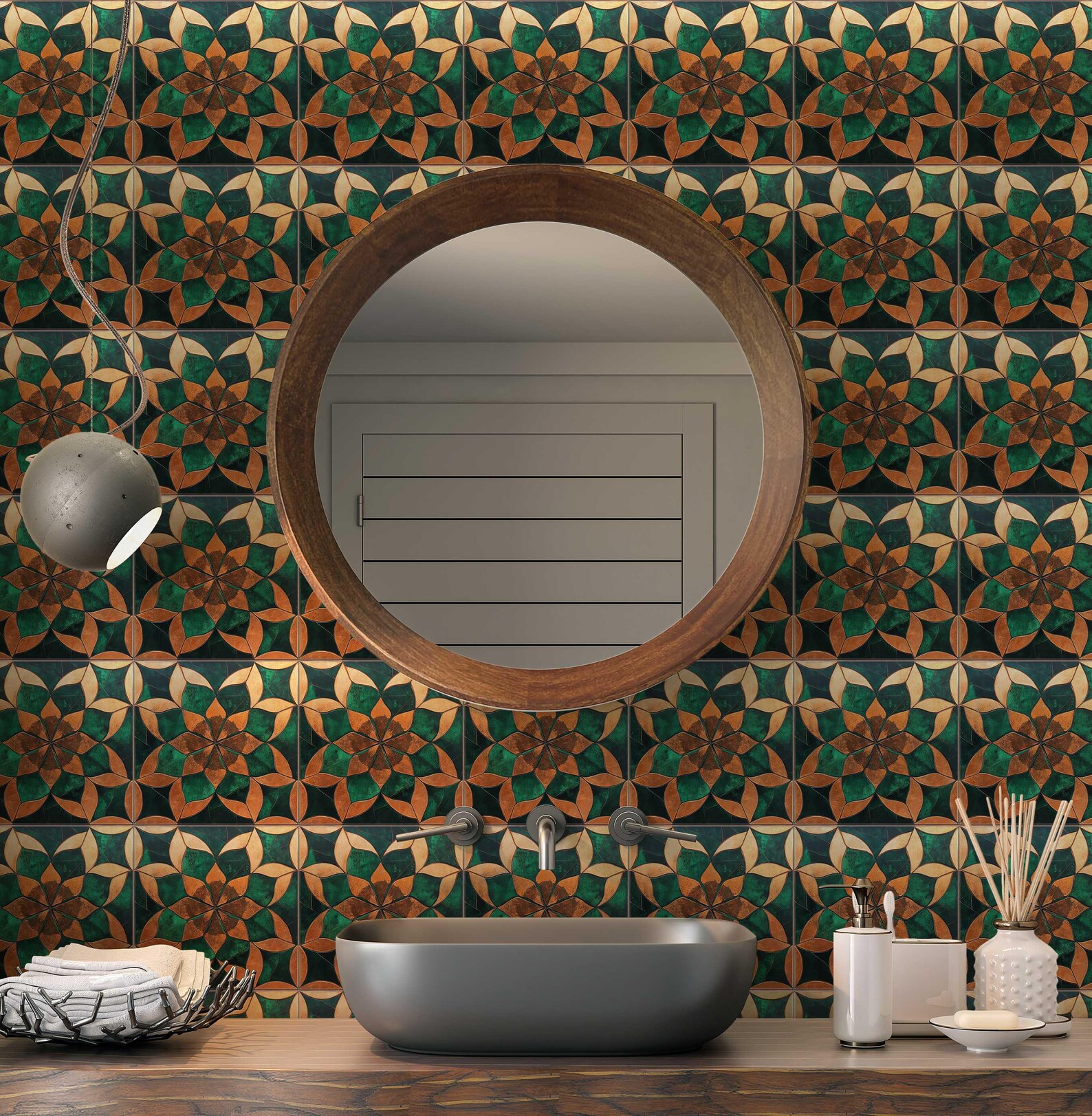 Green Copper Patterned Ceramic Tile - Green Kitchen Backsplash Tile ...