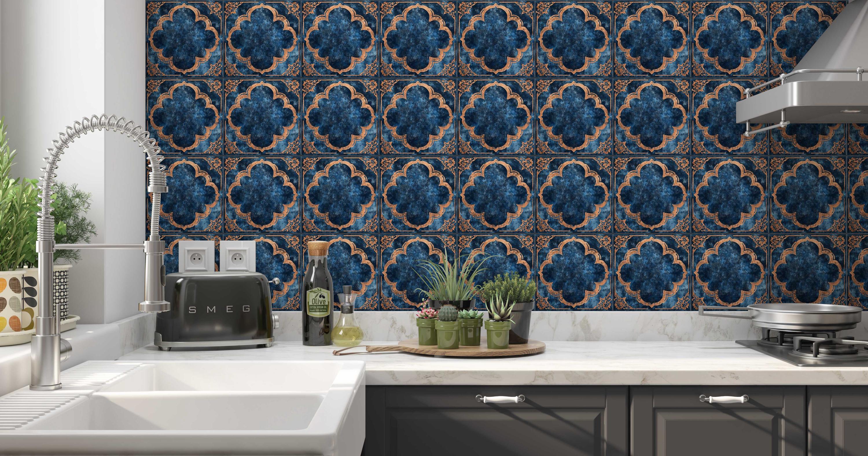 Dark Blue Patterned Ceramic Tile Kitchen Backsplash Tile Bathroom Wall ...