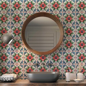 Blue Red Green Floral Ceramic Tile - Vintage Floral Design Tile Ceramic ...