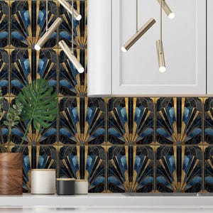 Art Deco Design Ceramic Tile - Black Blue Gold Tones Art Deco Kitchen ...