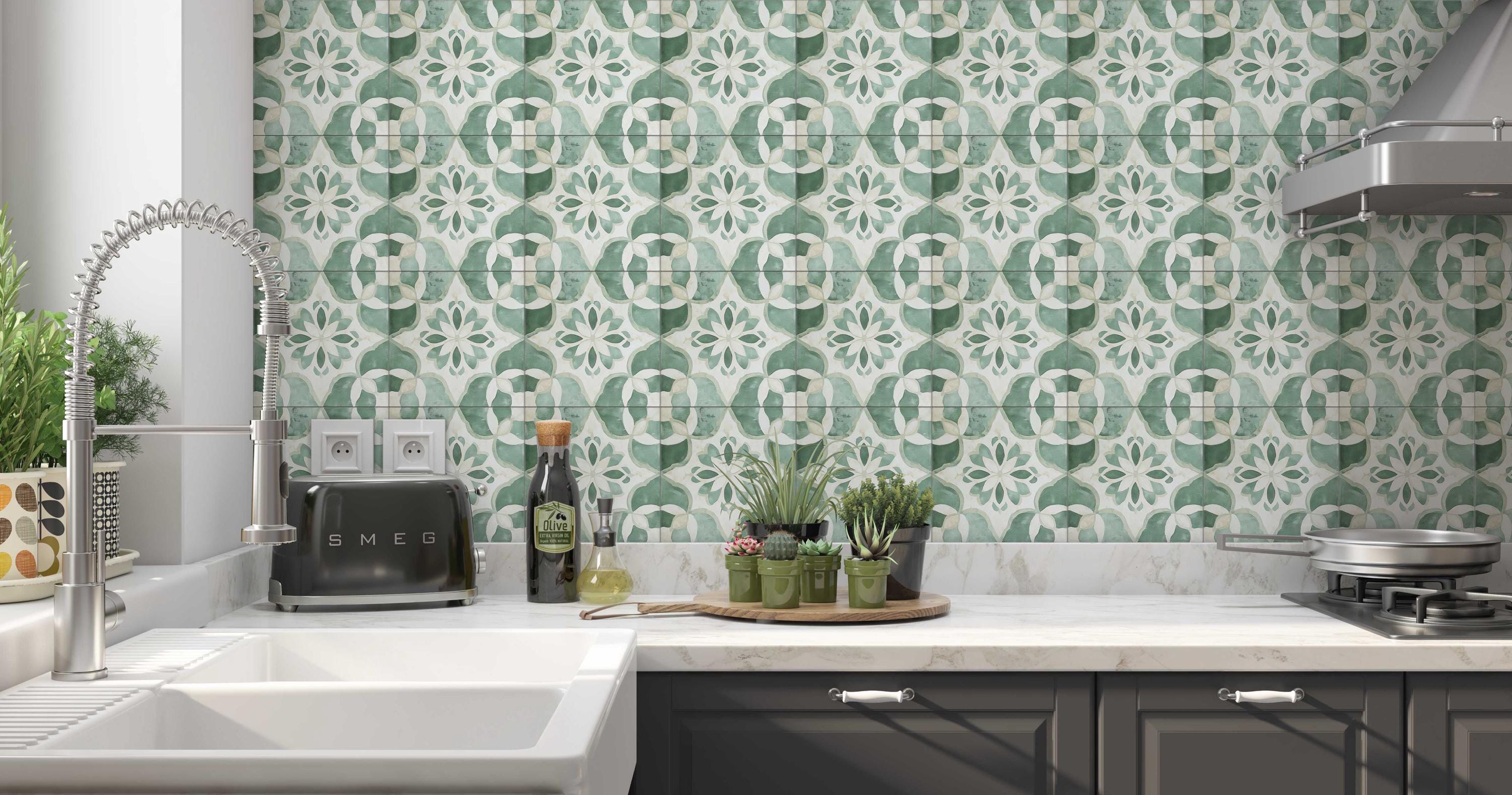 Green Patterned Ceramic Tile - Vintage Moroccan Design Green Kitchen ...
