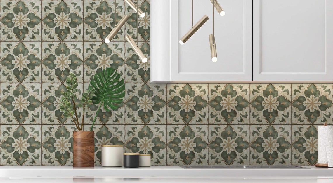 Ceramic Tile Sage Green Patterned Vintage Design Kitchen Backsplash ...