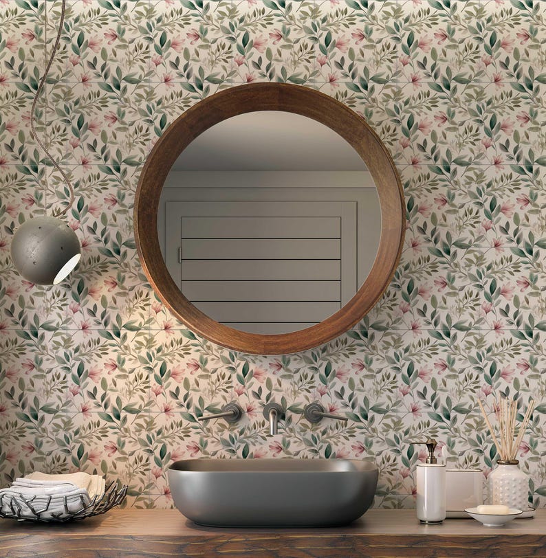 Botanical Pink Floral Ceramic Tile - Botanical Kitchen Backsplash Tile ...