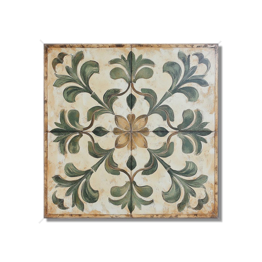 Sage Green Ceramic Tile Antique Pattern Green and Tan Kitchen ...