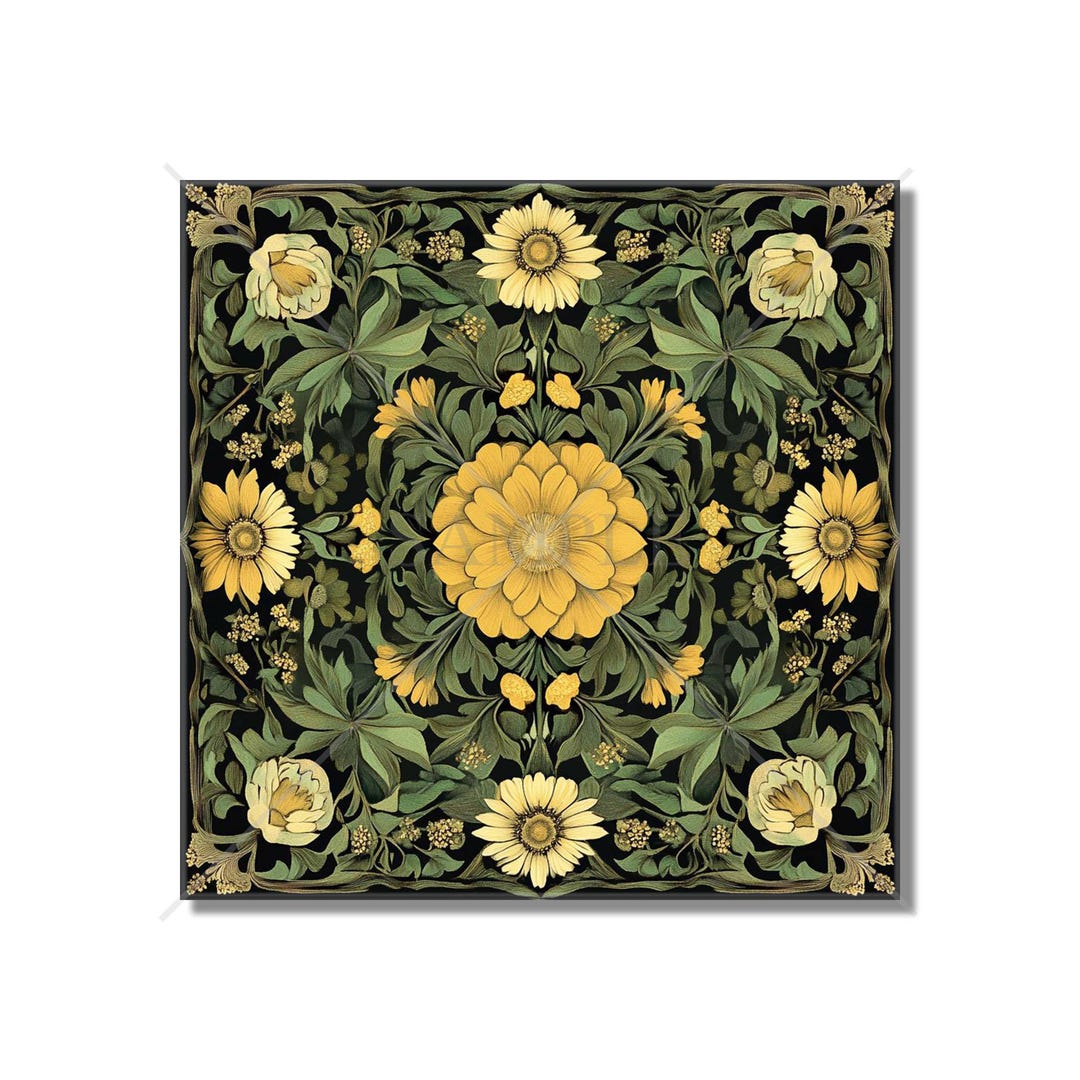 Yellow and Green Floral Ceramic Tile - Vintage French Floral Design ...