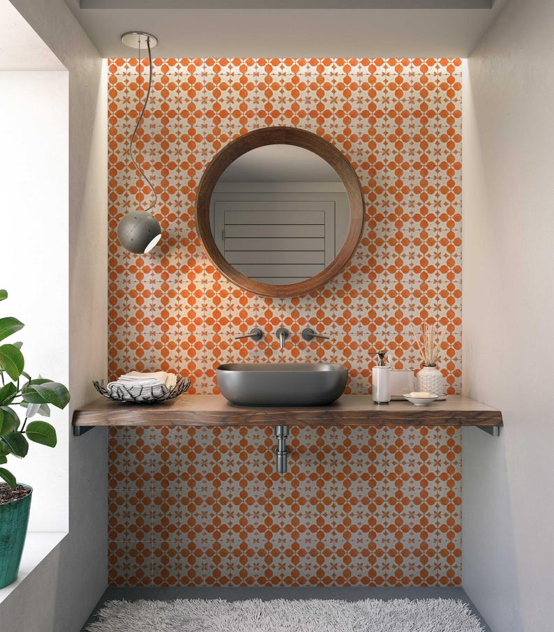 Orange Patterned Ceramic Tile - Orange Kitchen Backsplash Tile ...