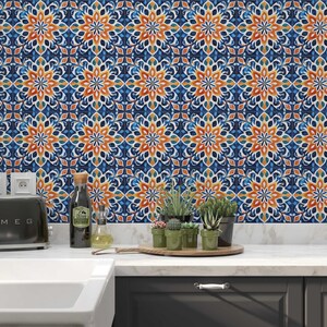 Blue and Orange Ceramic Tile - Vintage Moroccan Tile Design - Blue ...
