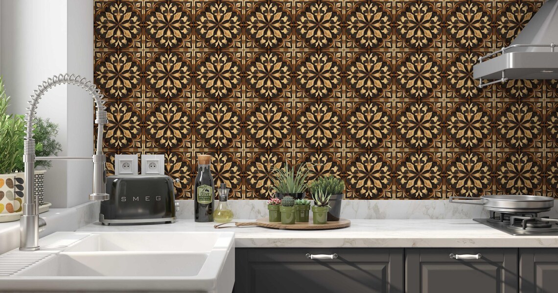 Antique Design Brown Ceramic Tiles - Brown Patterned Kitchen Backsplash ...