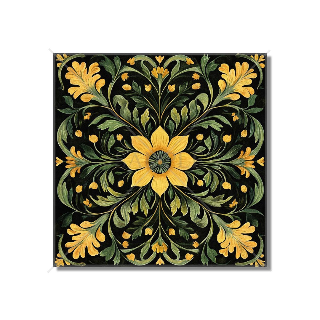 Yellow and Green Floral Ceramic Tile - Vintage French Floral Design ...