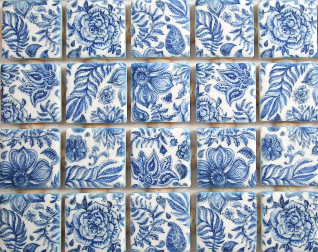 Blue and White Ceramic Mosaic Tiles - Flowers Leaves Floral Mosaic Tile ...