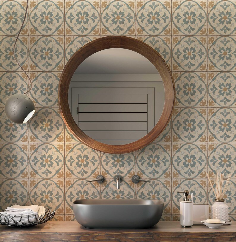 Light Blue and Tan Ceramic Tile Patterned Kitchen Backsplash Tiles ...