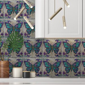 Turquoise Purple Butterfly Design Ceramic Accent Tile - Kitchen Accent ...