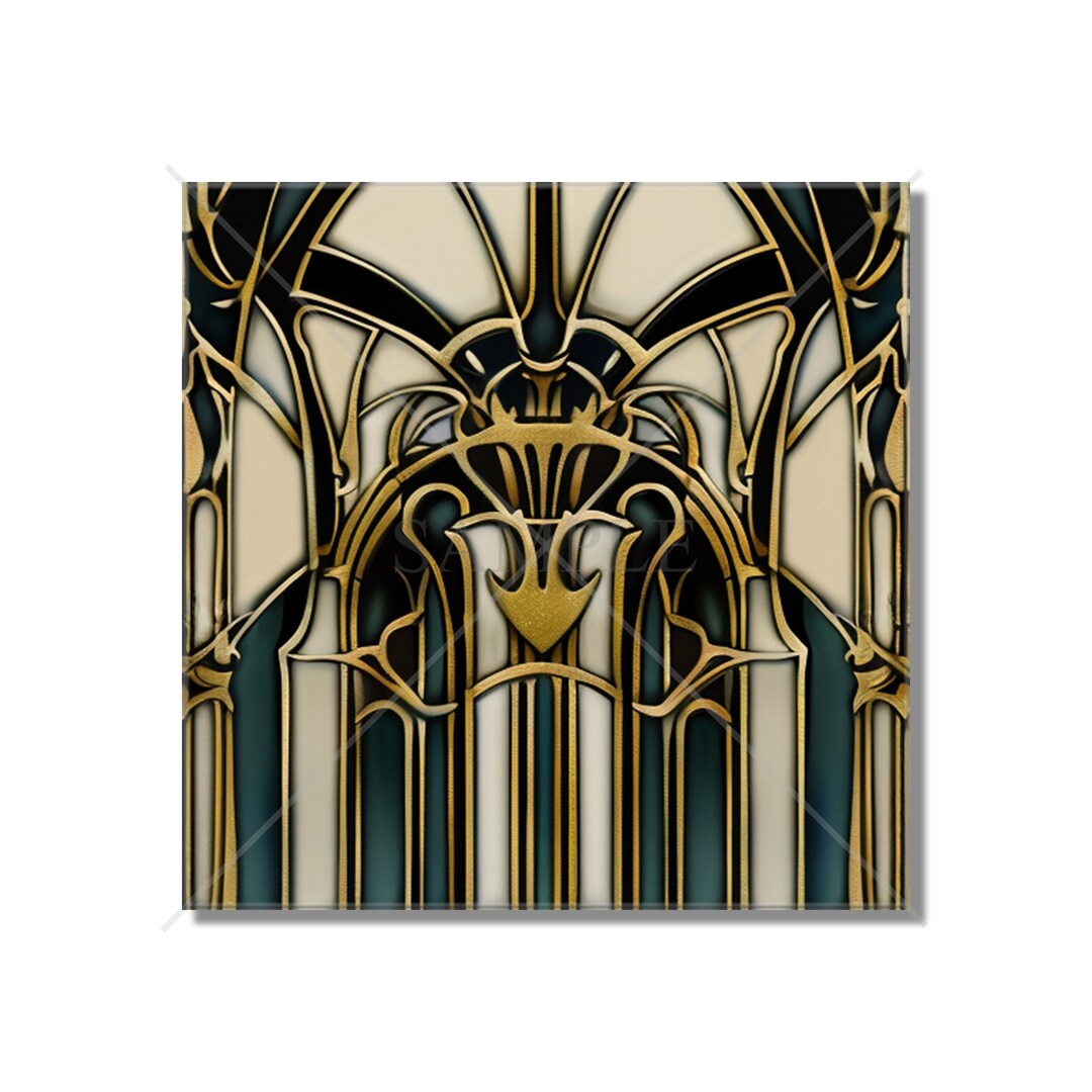 Vintage Art Deco Design Ceramic Tile Dark Teal and Gold Tones Art Deco ...