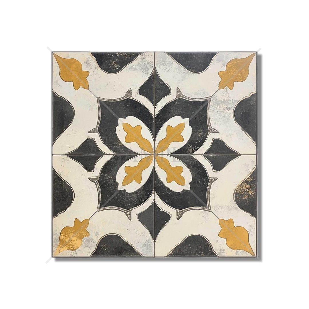 Rustic Black and Mustard Yellow Patterned Ceramic Tiles Vintage ...