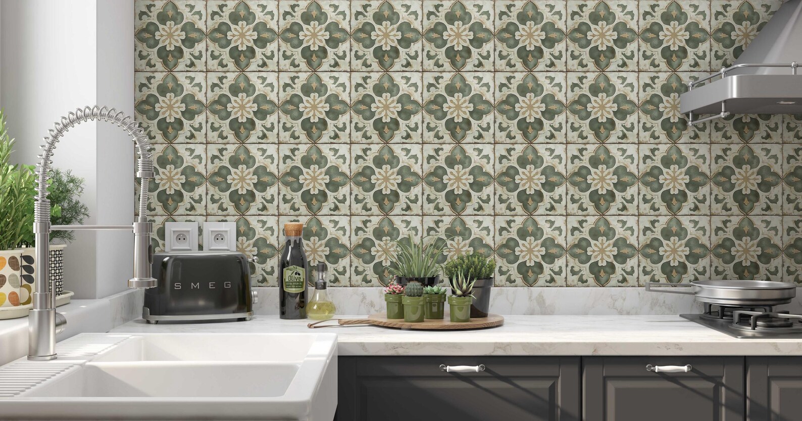 Ceramic Tile Sage Green Patterned Vintage Design Kitchen Backsplash ...