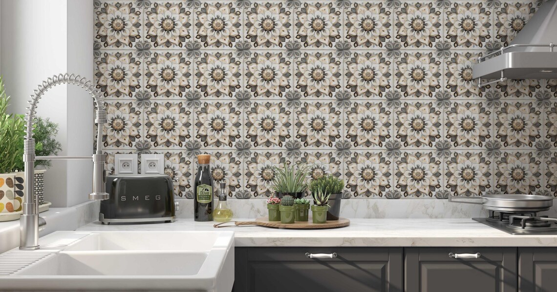 Elegant Gray Patterned Ceramic Tiles Vintage Design Kitchen Backsplash ...