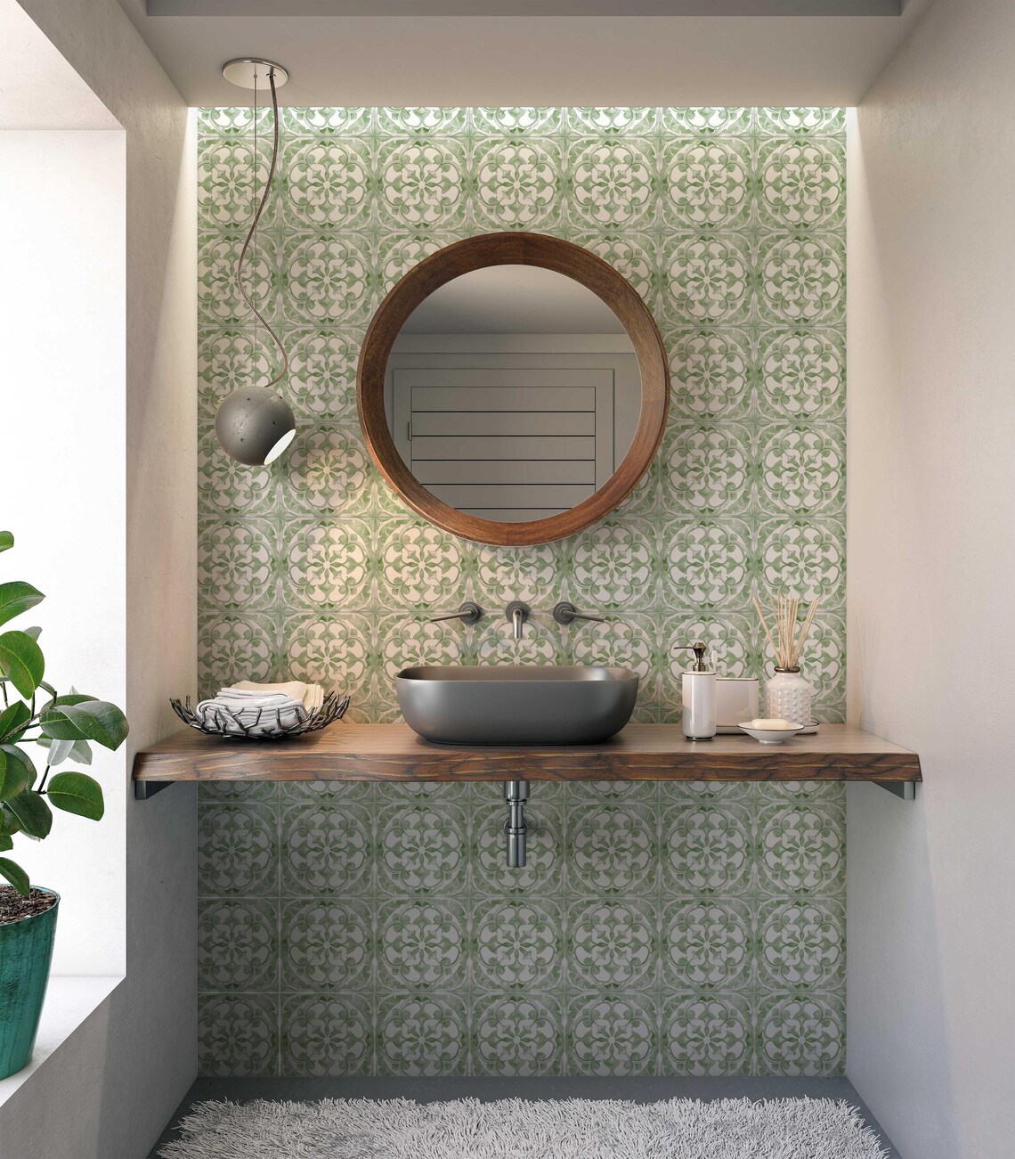 Sage Green and White Ceramic Tile - Patterned Ceramic Tile Kitchen ...
