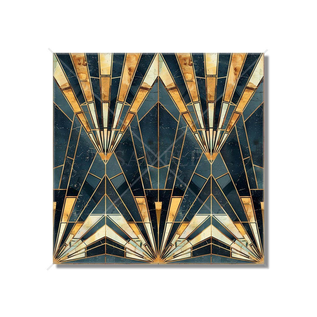 Vintage Art Deco Design Ceramic Tile Dark Blue Black and Gold Tones Art ...