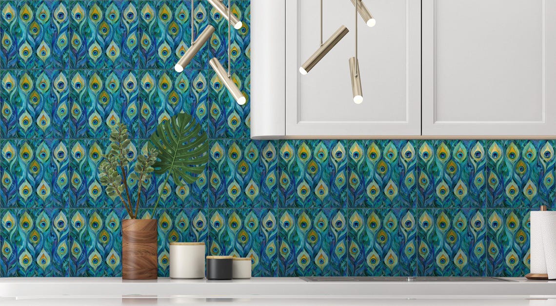 Blue Green Peacock Design Ceramic Tile - Peacock Feather Tile - Unique ...
