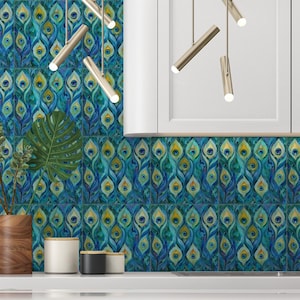 Blue Green Peacock Design Ceramic Tile - Peacock Feather Tile - Unique ...