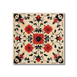 Red and Black Floral Ceramic Tile - Cottage Kitchen Backsplash Tile ...