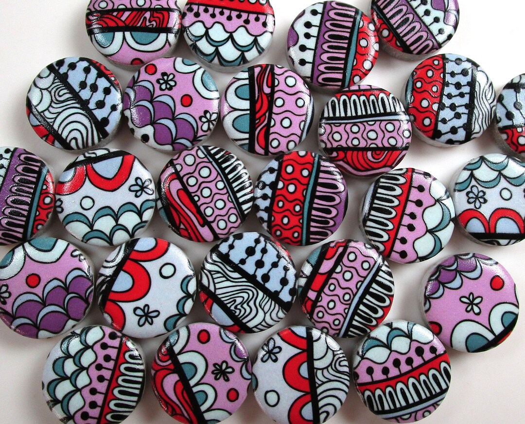 Fun Doodle Art Design 25 Pieces - 20mm Round Decorative Mosaic Tile ...