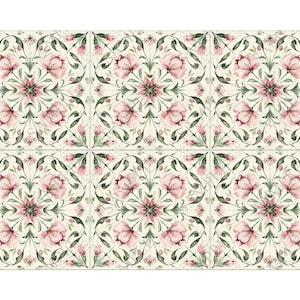Pink and Green Floral Ceramic Tile - Cottage Kitchen Backsplash Tile ...