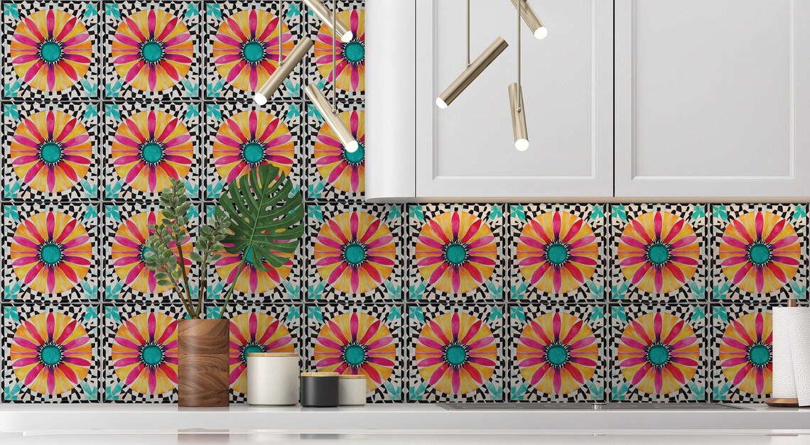 Multi Colored Bright Colors Patterned Ceramic Tile Kitchen Backsplash ...