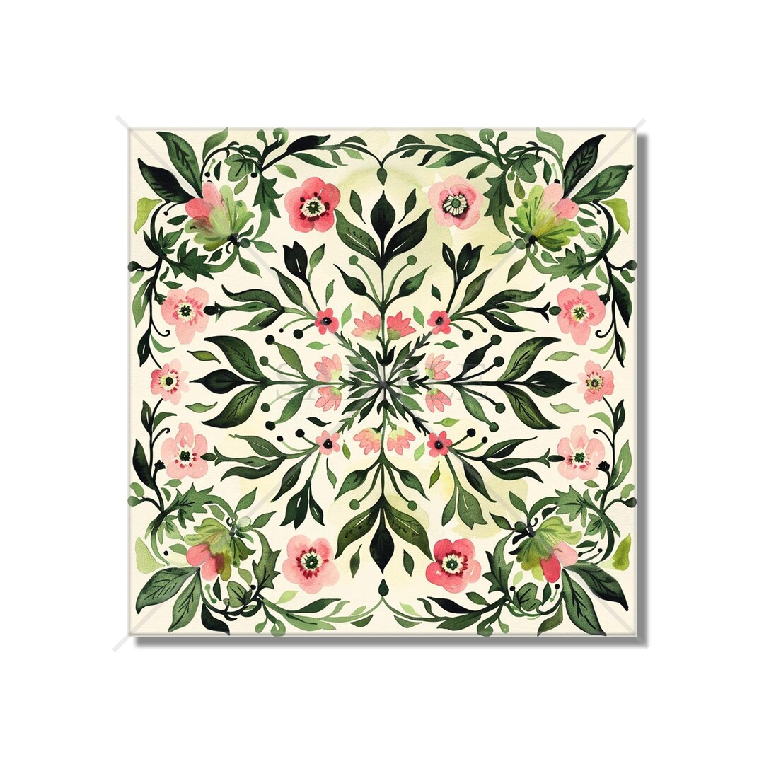 Pink and Green Floral Ceramic Tile - Cottage Kitchen Backsplash Tile ...