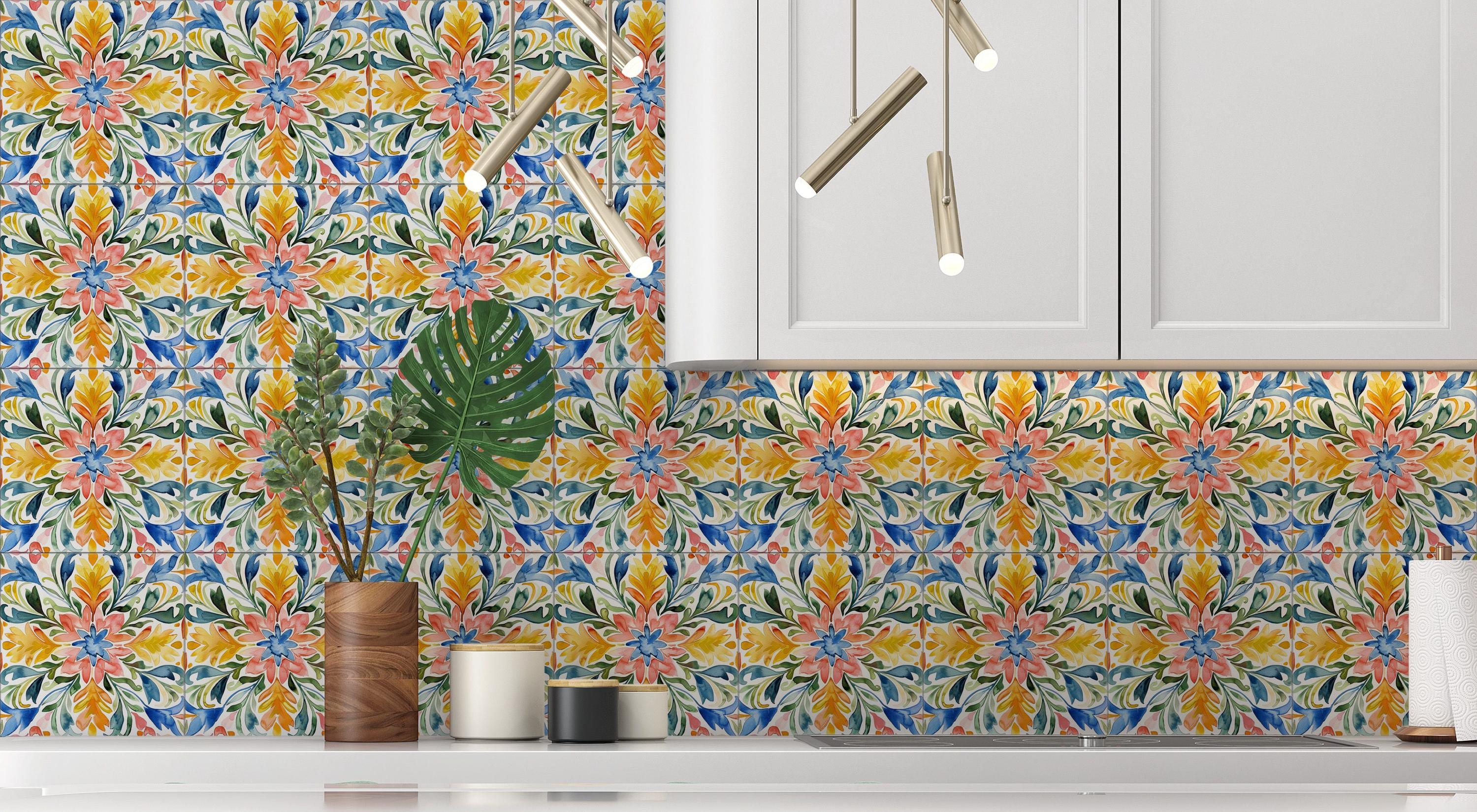 Multi Colored Bright Colors Patterned Ceramic Tile Kitchen Backsplash ...