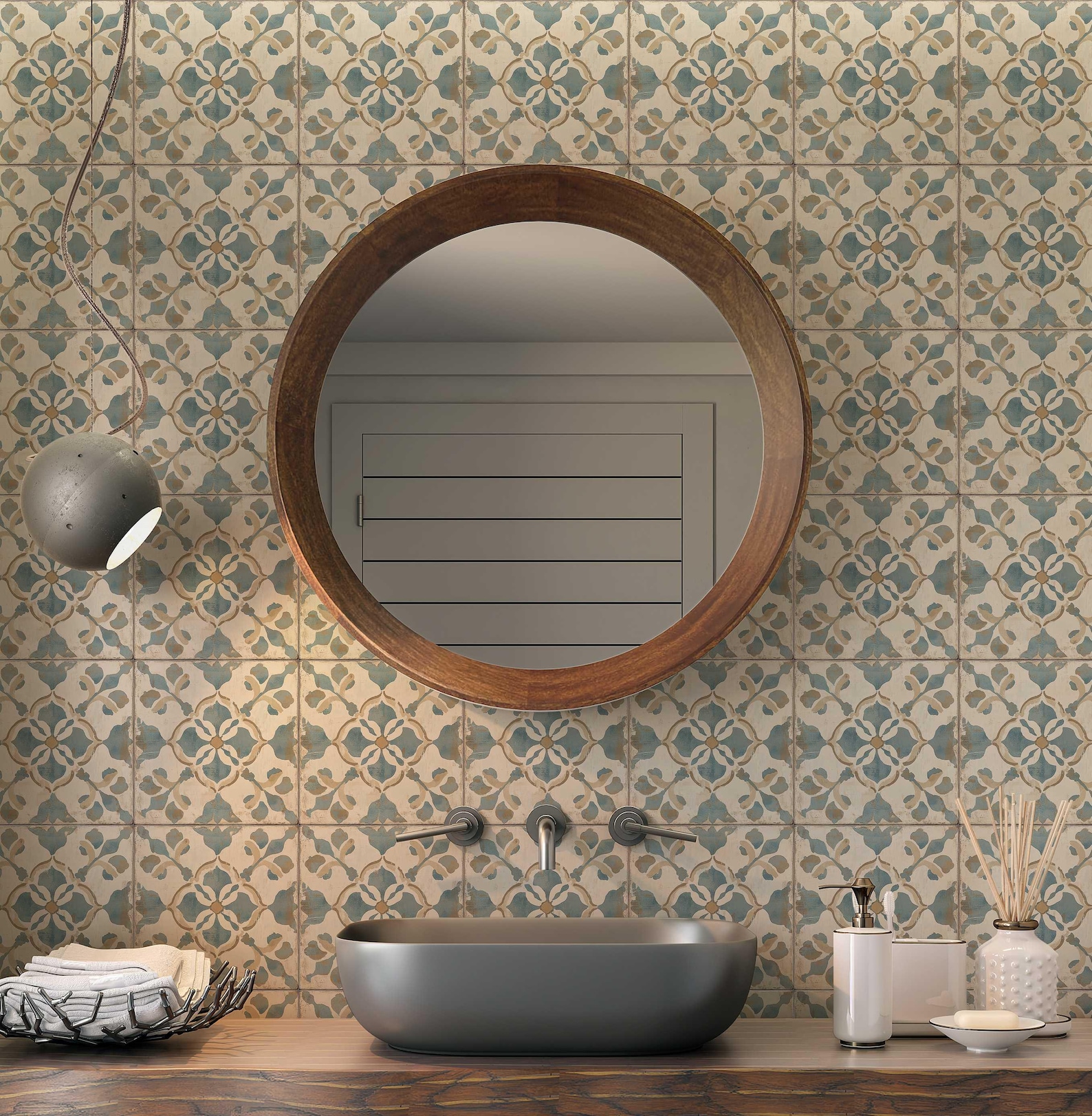 Light Blue and Tan Ceramic Tile Patterned Kitchen Backsplash Tiles ...