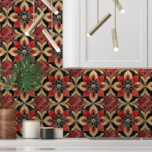 Red Black Gold Patterned Ceramic Tile Red Kitchen Backsplash Tile Red ...