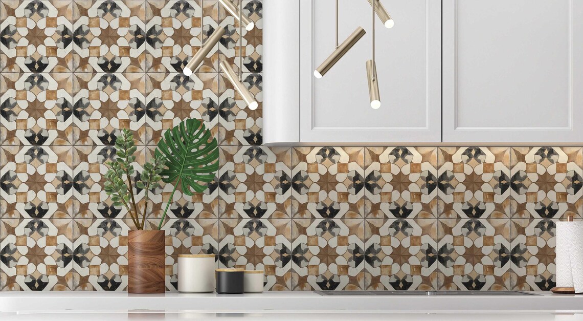 Vintage Neutral Tones Ceramic Tile Unique Patterned Kitchen Backsplash ...