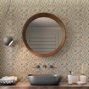 Light Blue and Tan Ceramic Tile Patterned Kitchen Backsplash Tiles ...