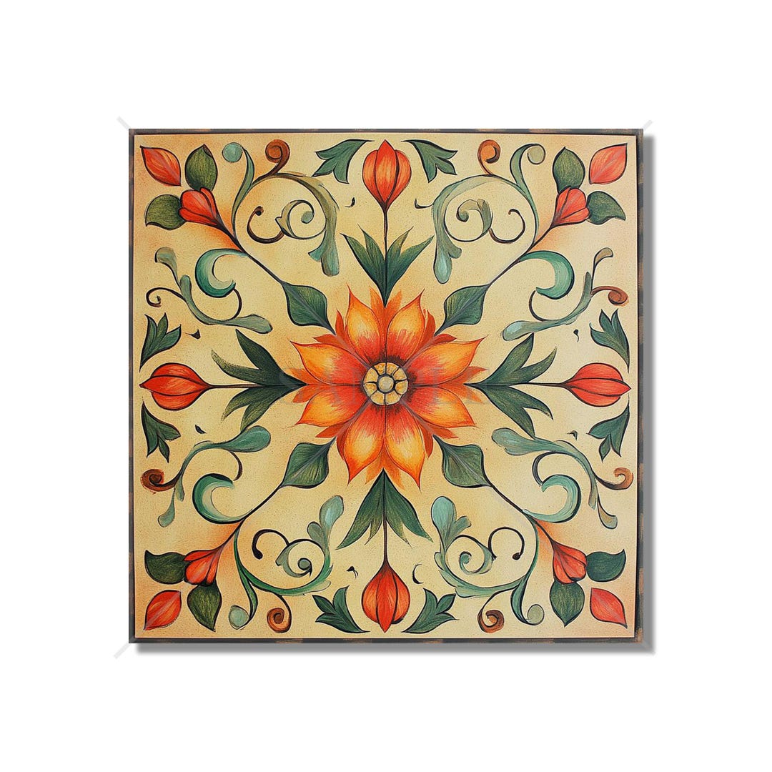 Ceramic Tile Orange Green Floral Vintage French Floral Design Tile ...