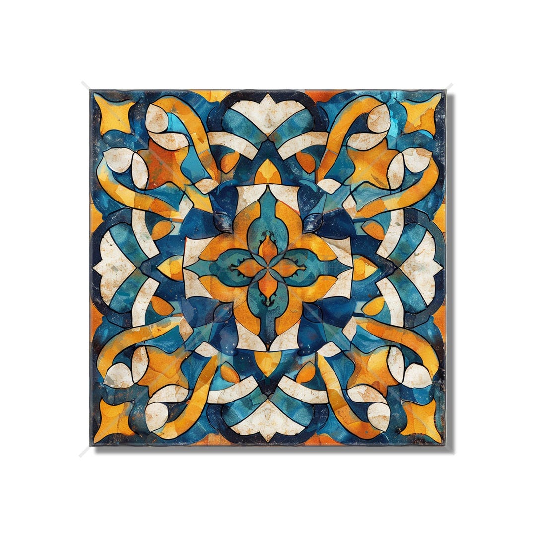 Blue and Orange Patterned Ceramic Tile - Vintage Moroccan Tile Design ...