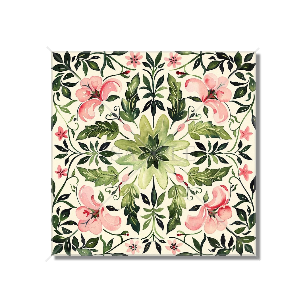Pink and Green Floral Ceramic Tile - Cottage Kitchen Backsplash Tile ...