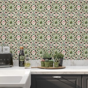 Pink and Green Floral Ceramic Tile - Cottage Kitchen Backsplash Tile ...