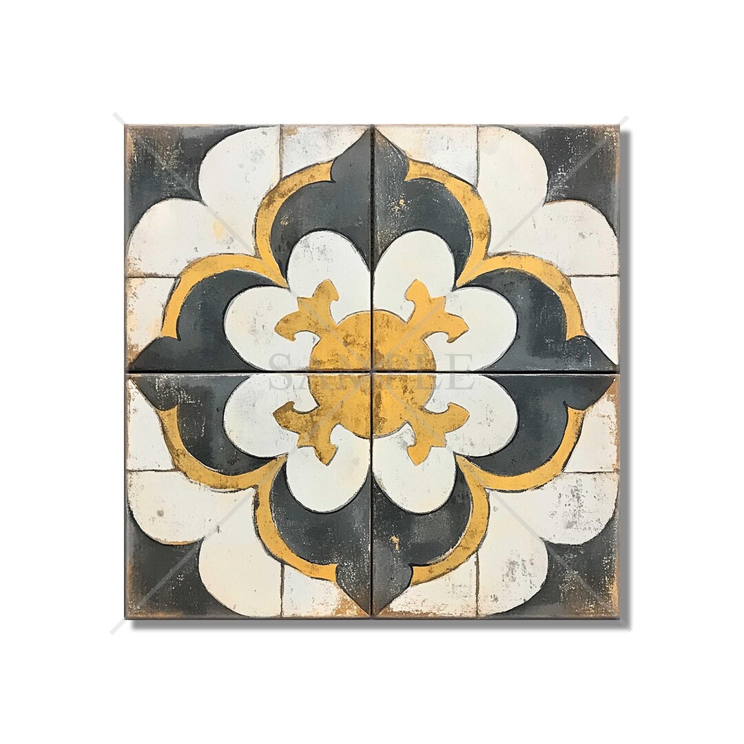 Rustic Black and Mustard Yellow Patterned Ceramic Tiles Vintage ...