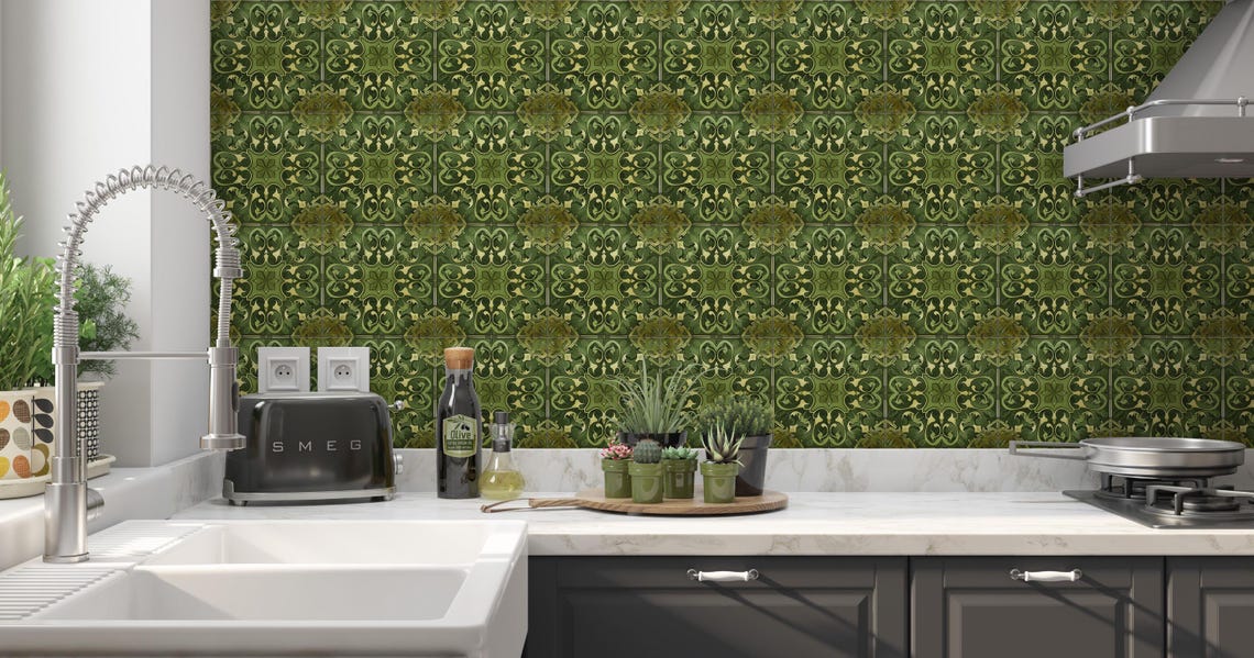 Green Ceramic Tile - Vintage Moroccan Tile Design - Green Kitchen ...