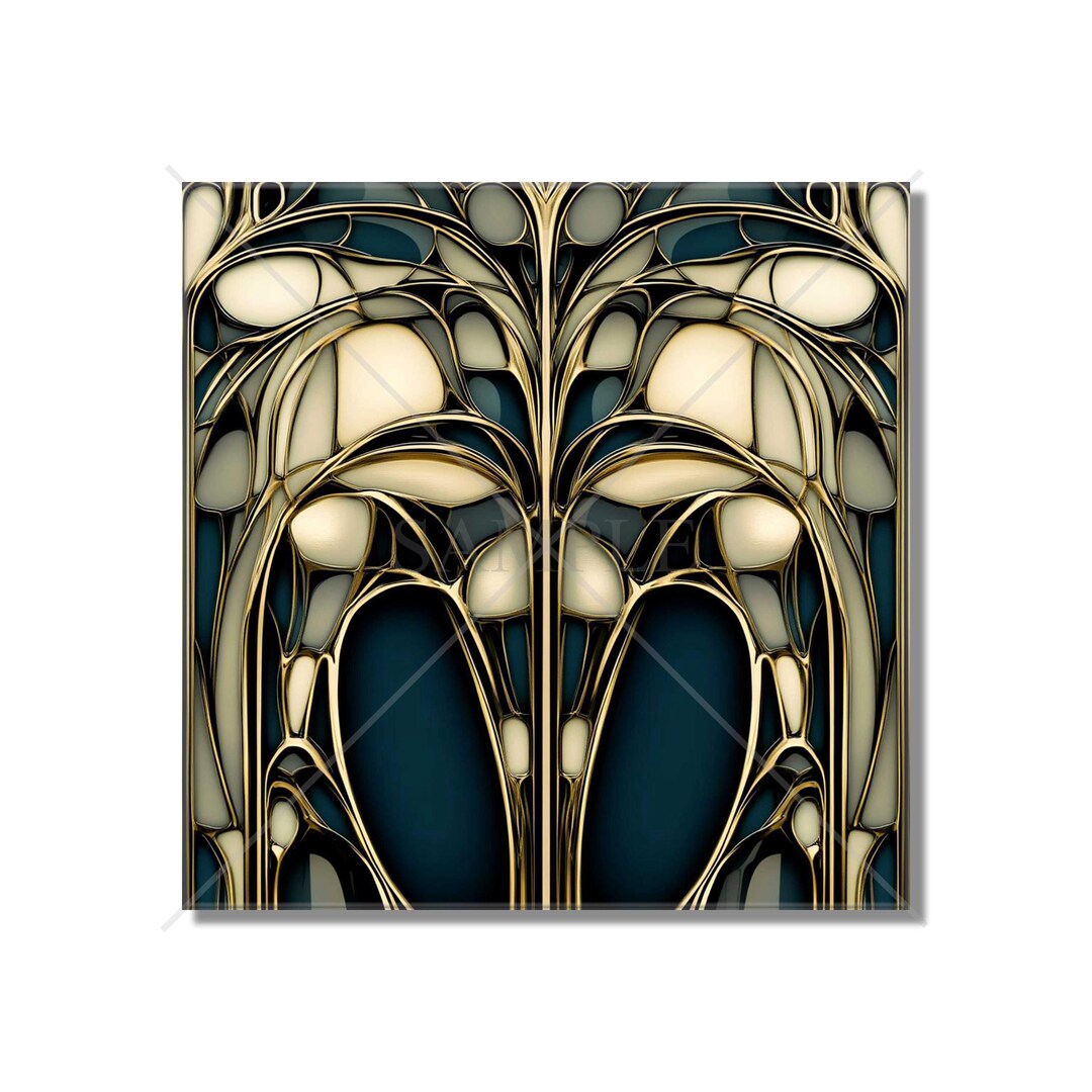 Vintage Art Deco Design Ceramic Tile Dark Teal and Gold Tones Art Deco ...
