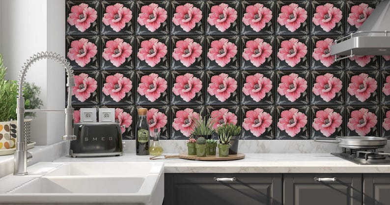 Ceramic Flower Accent Tiles Pink Floral Kitchen Backsplash Tile ...
