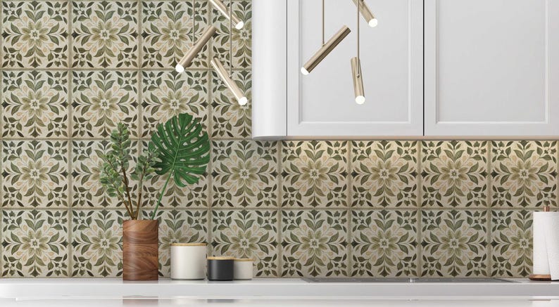 Green Beige Botanical Ceramic Tile Patterned Kitchen Backsplash Tile ...